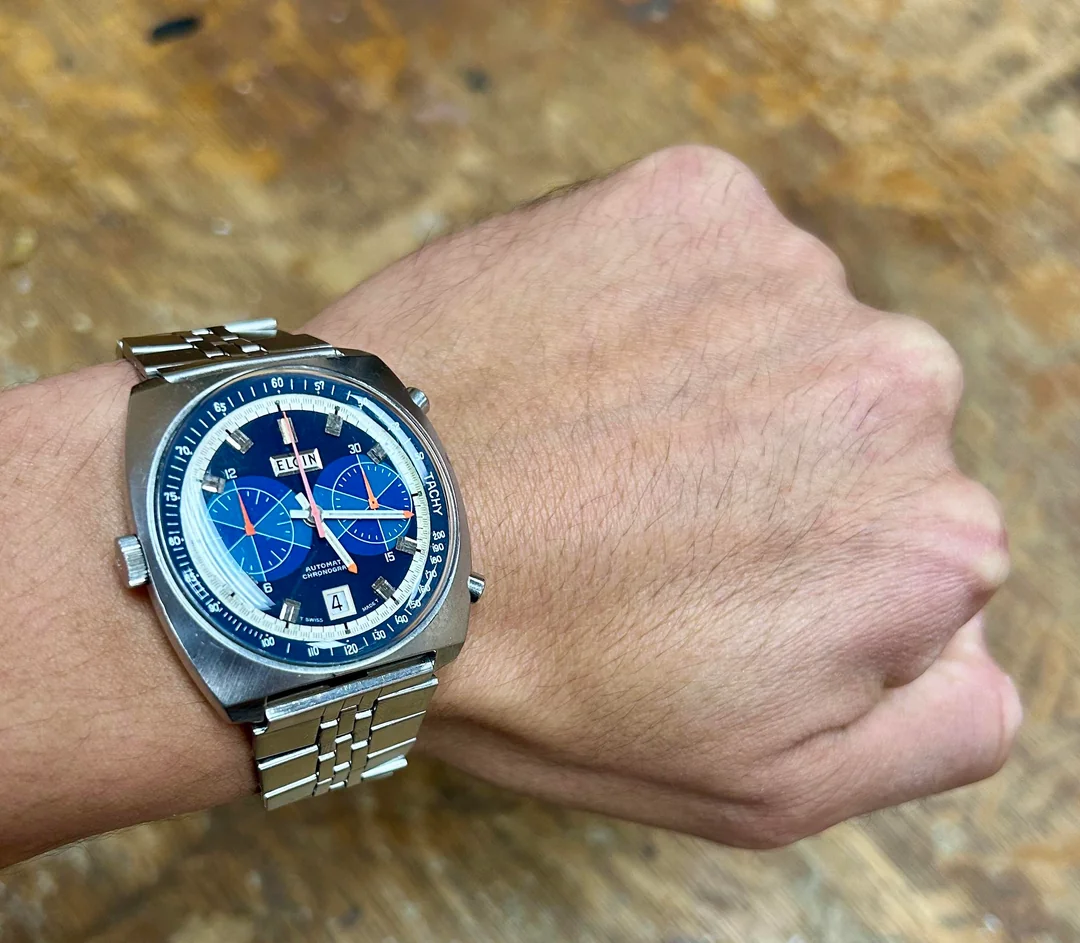 Vintage Stainless Steel Elgin Chronograph Big Eye Navy & Turquoise Dial